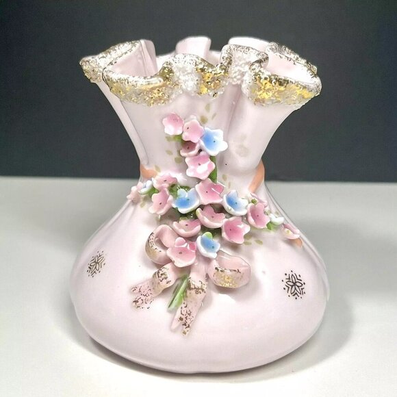 Lefton | Accents | Vintage Lefton China Pink Floral Bag Vase Applied ...